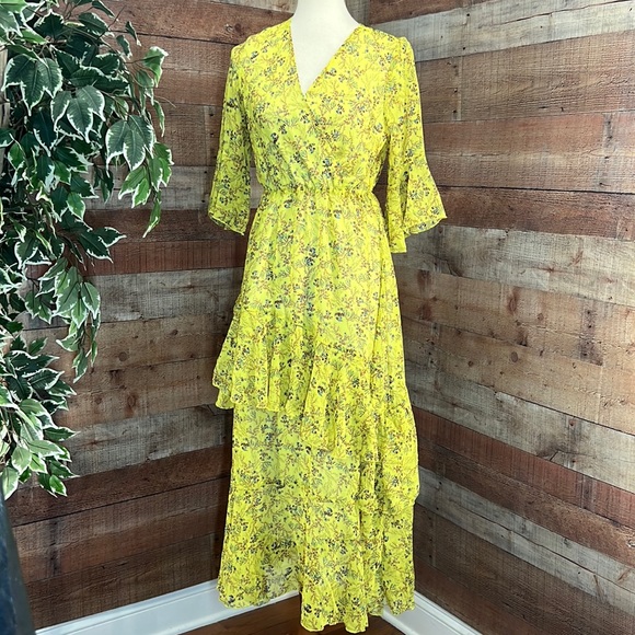 xinuo | Dresses | Xinuo Yellow Floral Maxi Dress V Neck High Waist ...